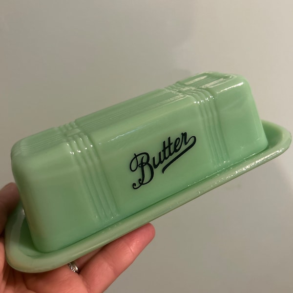 Jadeite Depression Style Glass Covered Butter Dish With Lid - Vintage ...