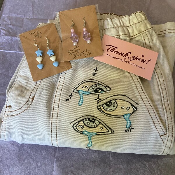 Cherry Bottom Handpainted Upcycled Light Washed Jeans - Etsy