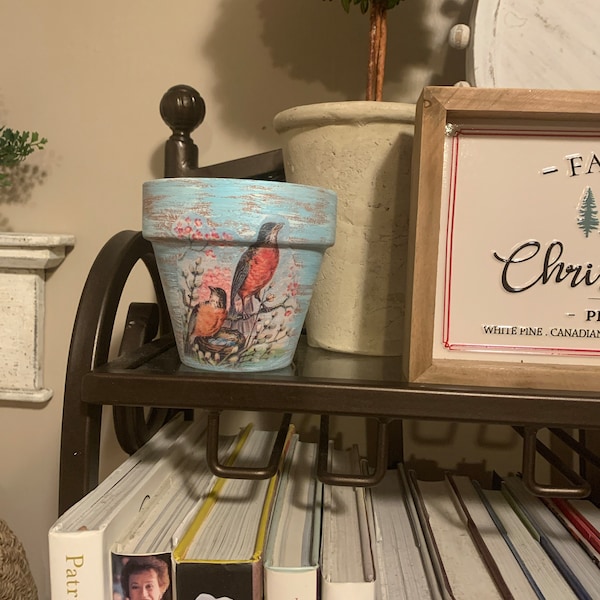 Bird Planter, Chalk Painted Terracotta Clay Pot, Decoupaged, Robins and ...