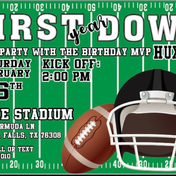 First Year Down, First Birthday Football Party Invitation, Football ...