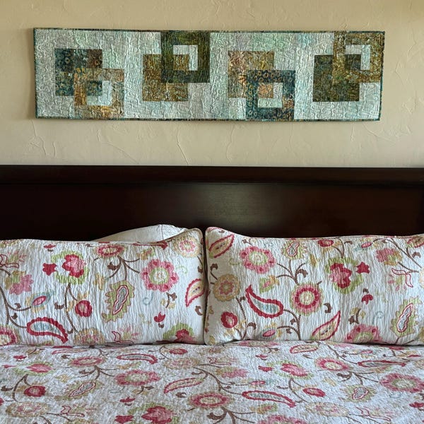 Quilted Batik Table Runner in Earth Tones With Blue, Modern Quilted ...