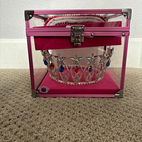 Purple Rhinestone Pageant Crown Box Tiara Display With Sash Holder Tray ...