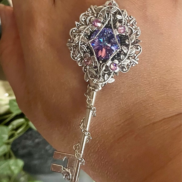Sterling Silver Elven Key Necklace: Swarovski Crystal Floral Fantasy ...