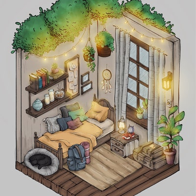 Interior Isometric Coloring Printables, Cozy Living Room, Bedroom ...