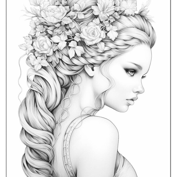 Charming Lady, Coloring Page for Adults, Beautiful Girl, Grayscale ...