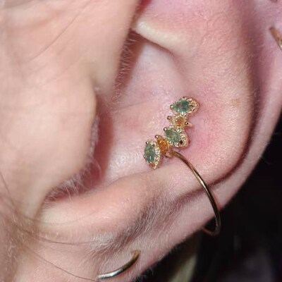 14K Gold Moss Agate Earring Threadless Push Pin Stud Dainty Fan Shape ...