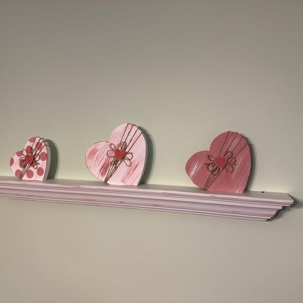 Hand-painted Rustic Heart Decor Trio: Shelf Sitter Wooden Hearts With ...