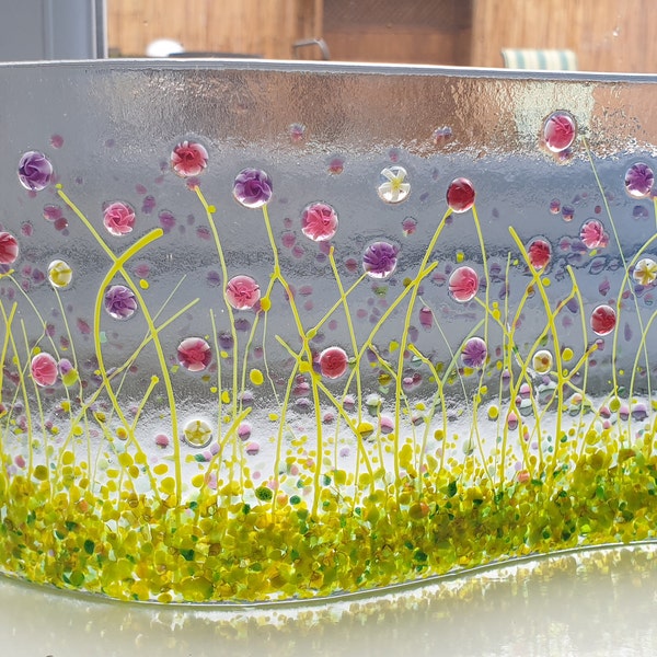 Tea Light-candle Display-hedgehog and Flowers-glass Plaque-fused Glass ...