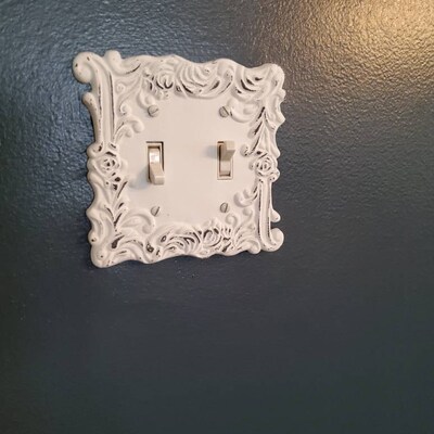 Distressed White Flower Rose Scroll Metal Outlet Cover or Single Switch ...