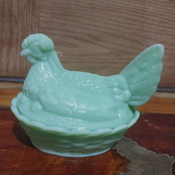 Jadeite Depression Style Glass Nesting Chicken Hen on Nest Candy Dish W ...