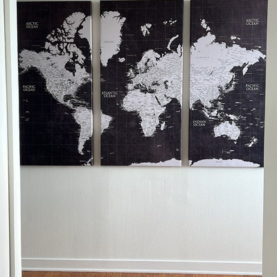 Grey Push Pin World Travel Map Canvas Art, Custom Push Pin Map, 3 Panel ...