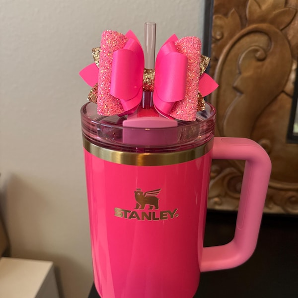 Pink Parade Stanley Tumbler Bow Straw Topper Neon Pink and Gold Stanley ...