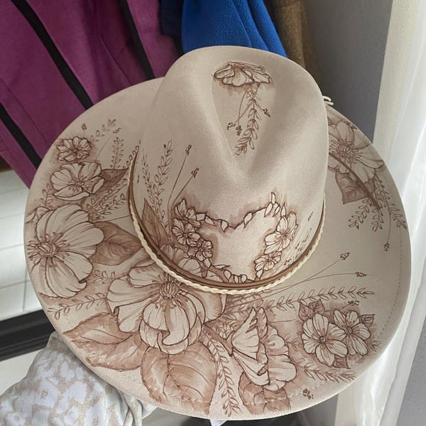 Burned Floral Design on Wide Brim Rancher Hat - FLOWERS - Boho Cowgirl ...