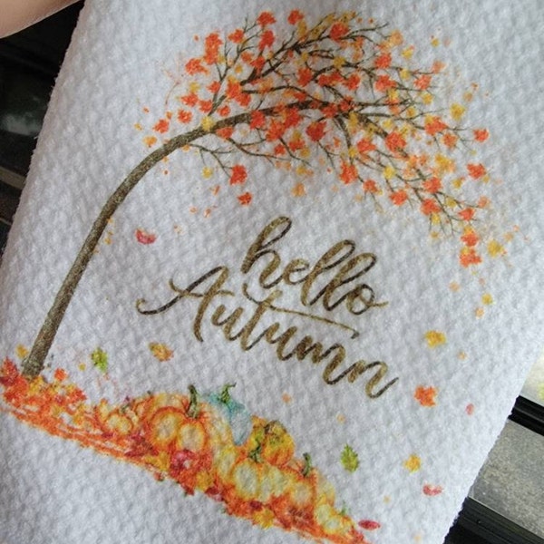 Hello Autumn Fall Tea Towel 16"x24", Tier Tray Decor, Autumn Farmhouse ...
