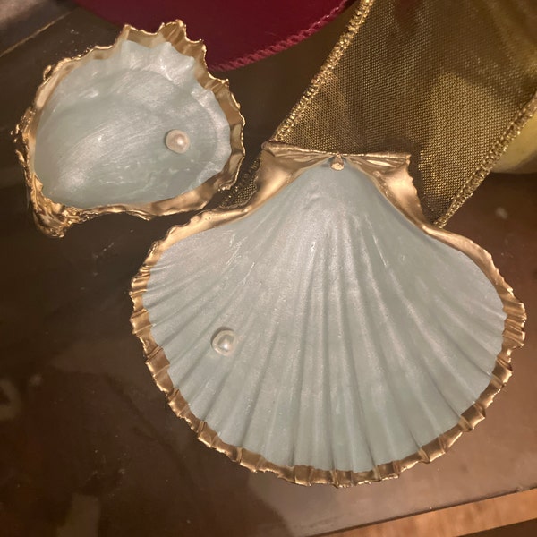 3 Silver & Blue Oyster Shell Ring, Trinket, Jewellery Dish W Pearl ...