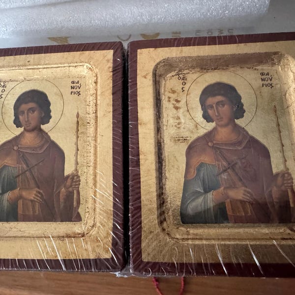 Triptych Christian Icon of Virgin Mary gorgoipikoos and Archangels With Aging Technique ...