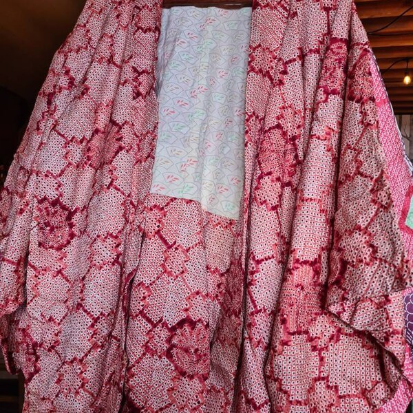 Vintage Japanese Kimono Red Color Flower Pattern Kimono Robe Nightwear ...