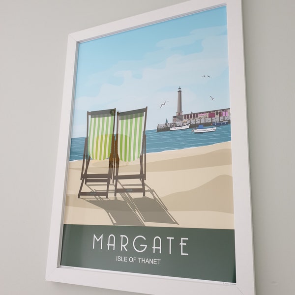 Margate. Seaside Poster of Deck Chairs on Margate Beach. Harbour Arm in ...
