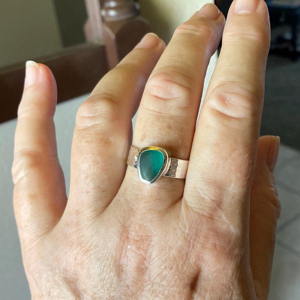Teal Hammered Sea Glass Ring, Wide Band Sterling Silver Ring, Sea Glass ...