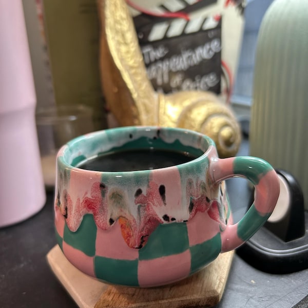Hand-painted Checkered Ceramic Mug: Green Kitchen Decor, Brushstroke ...