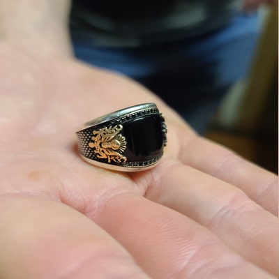 Mens Black Gemstone Cocktail Ring, Custom Signet Sterling Silver Onyx ...