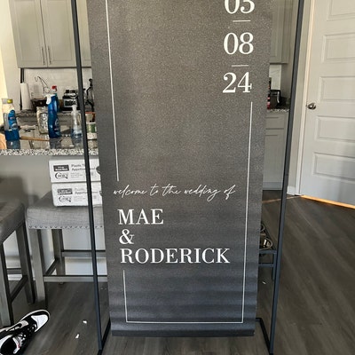 White Curtain Wedding Welcome Sign With Stand, Curtain Print Welcome ...