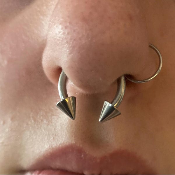 Septum Horseshoe Ring Goth Gauges Plugs Long Spike Cone Silver Earrings ...
