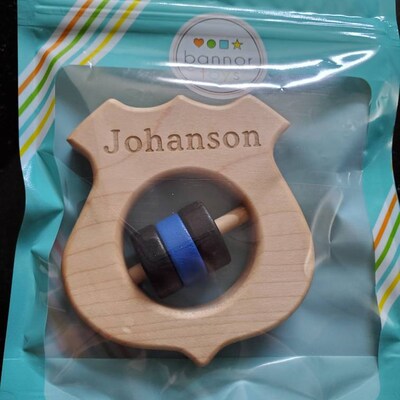 Police Shield Shaped Wooden Rattle Organic, Natural, Baby Toy ...