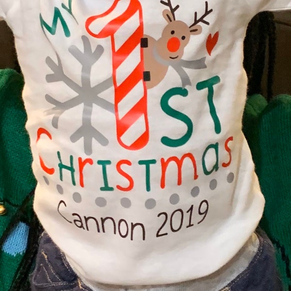 Baby Boy My First Christmas Outfit, Personalized Reindeer Bodysuit or ...
