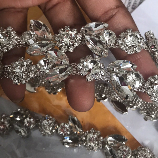 SY Silver Rhinestone Applique , Bridal Crystal Trim 1 Yard, Rhinestone ...