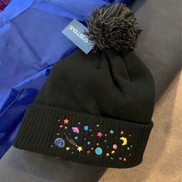 Galactic Space Celestial Winter Embroidered Black Bobble / Beanie Hat ...