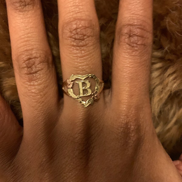 14K Gold Flower Heart Initial Ring • Any Letter A-Z • Real Yellow, Rose ...