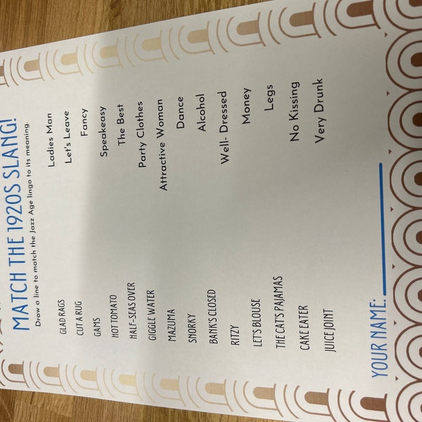 Roaring 20s Match-the-slang Game Printable for Gatsby Art Deco Bridal ...