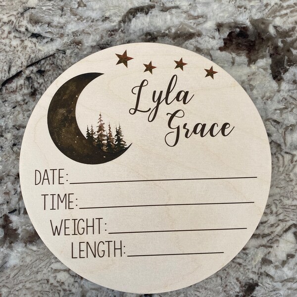 Birth Stat Sign, Round Wood Birth Stat Sign, Moon and Stars Nursery ...