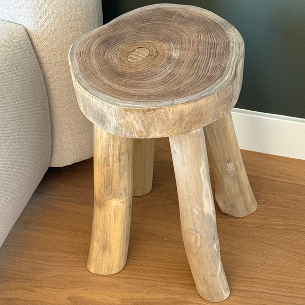Live Edge Teak Wood Stool, Modern Plant Stand, Rustic Bathroom Accent ...