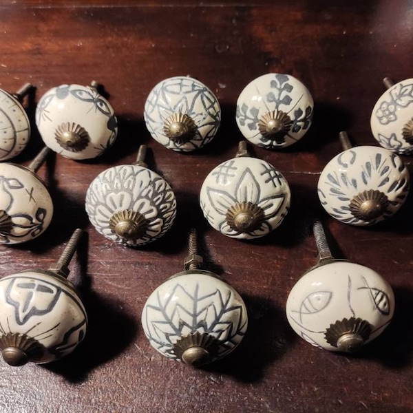 ARTISNO Blue Striped Ceramic Cabinet Drawer Pull /knobs Hand Painted /use for Cupboard and ...