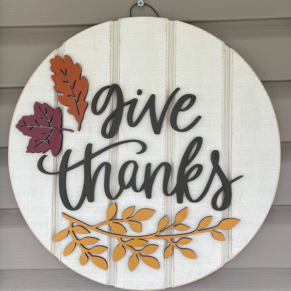 Give Thanks Door Sign, Fall Door Hanger, Autumn Fall Leaves, Rustic ...