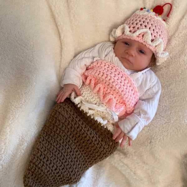 Crochet (0-1M) Baby Ice Cream Cone Cocoon Set, Photo Prop Baby Gift - Etsy