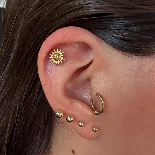 Labret Flat Back Celestial Sun Stud • Dainty Minimalist Stack Earring ...