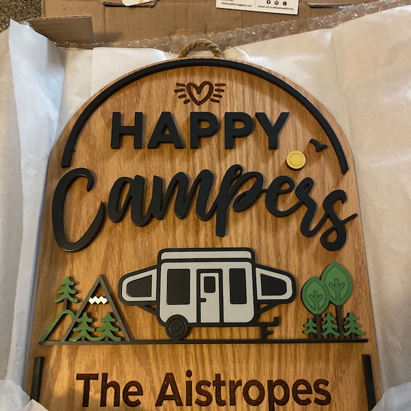Happy Campers Personalized Welcome Sign | Camper Door Hanger | Wooden ...