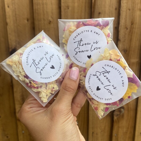 Wedding Confetti Bag Personalised Stickers, Throw Us Some Love Confetti ...