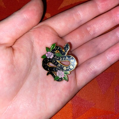 Snake Enamel Pin Magical W. Moon Phases & Flowers Black Gold Serpent ...