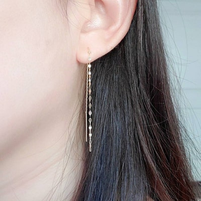 14k Solid Gold Double Chain Threader Earring, Ear Threader, Real Gold ...