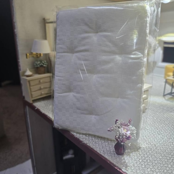 Dollhouse Bed Mattress, Full Double Size, White Tufted Miniature ...