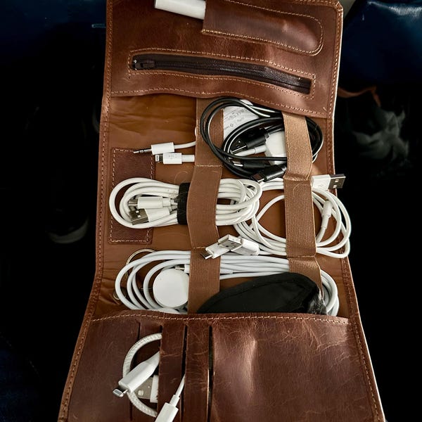 Handmade Leather Charger and Cable Organizer Bag, Cord Organizer ...