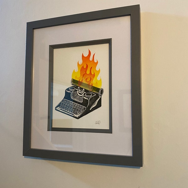 A5 Flaming Typewriter Original Lino Print. Lino Cut Relief Print ...