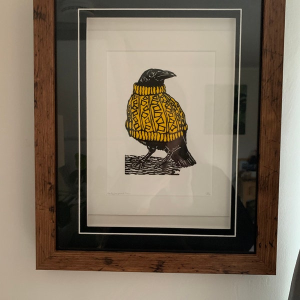 Crow Wearing a Mustard Yellow Jumper - Handmade Linocut Bird Art Print ...