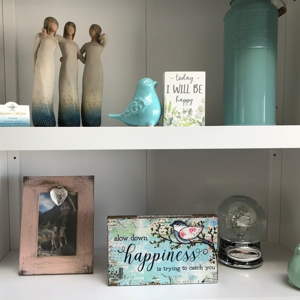 Happiness Sign, Happiness Painted Sign, Floral Bird, Mixed Media Joyful ...