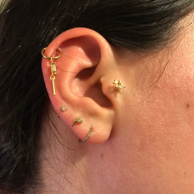 Dainty Hoop Dangle Charm, Sterling Silver, 18k Gold Plated Rook Hoop ...