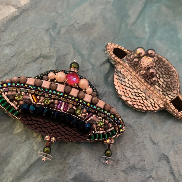 Embroidered UFO, Alien Brooch, Beaded Brooch, Flying Object, Alien ...